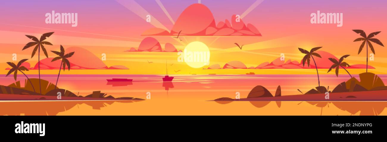 Sunset on beach in summer vector background. Sunrise on ocean island ...