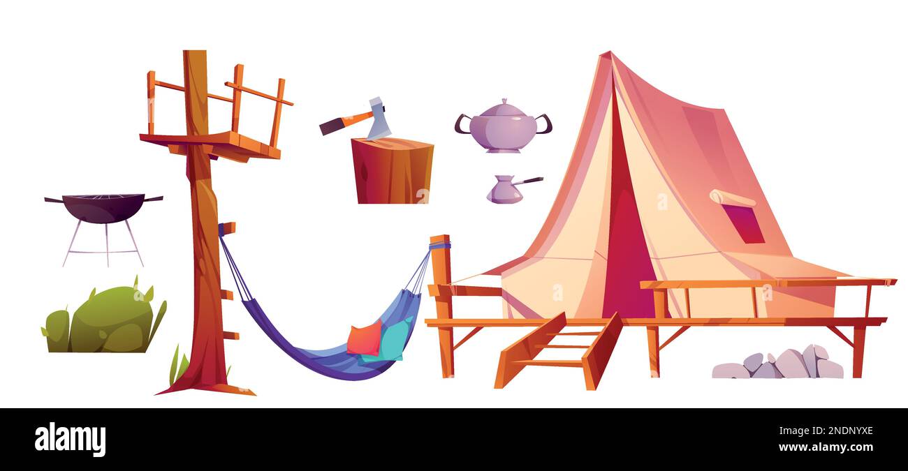 Glamping equipment for trip, isolated vector. Sleeping tent, pillow and ...