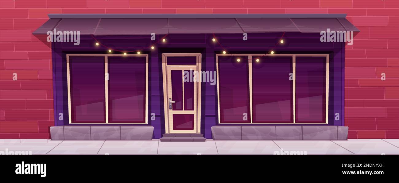 Traditional store facade with door and big window, showcase. Shop front ...