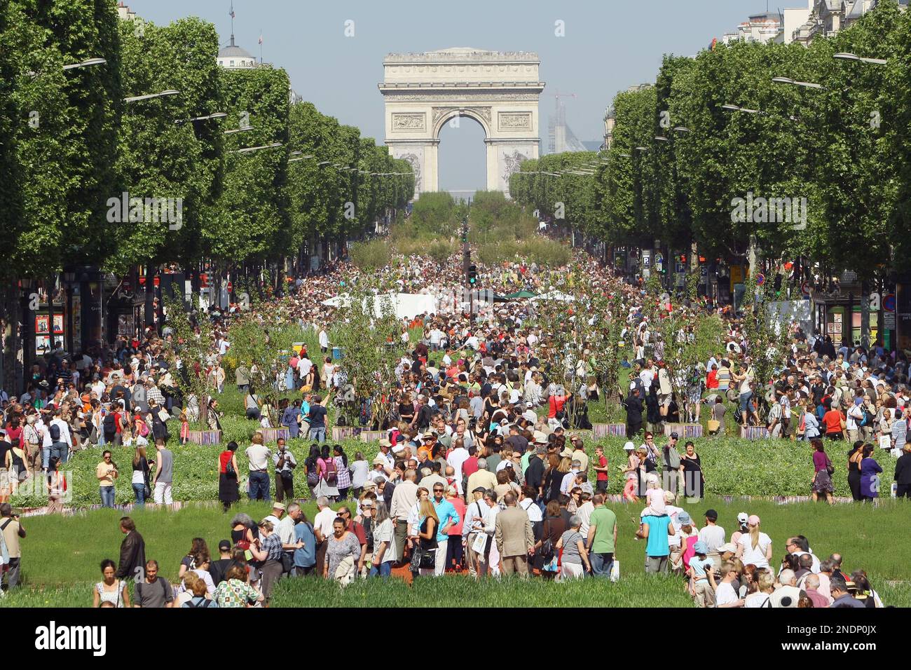 Visitors walk between planted fields on the Champs Elysees near the Arc ...