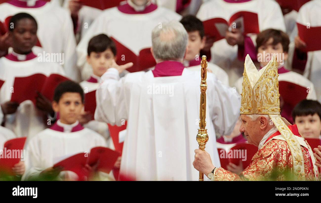 Pope Benedict XVI holds his pastoral staff as he arrives to celebrate a ...
