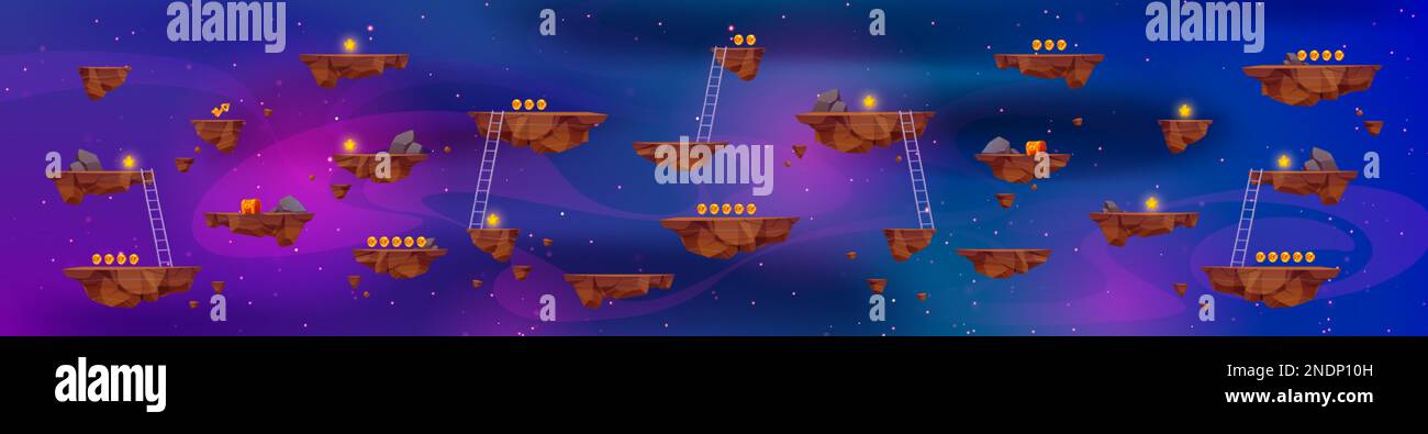 Flying rock islands vector game space background landscape. Cartoon planet in galaxy for arcade ...