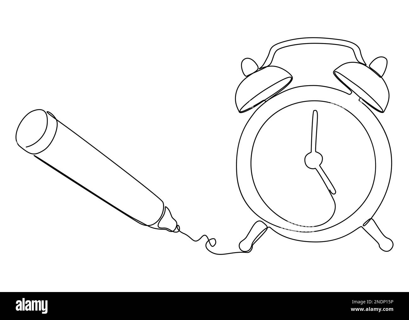 One continuous line of Alarm Clock drawn with a pencil, felt tip pen ...