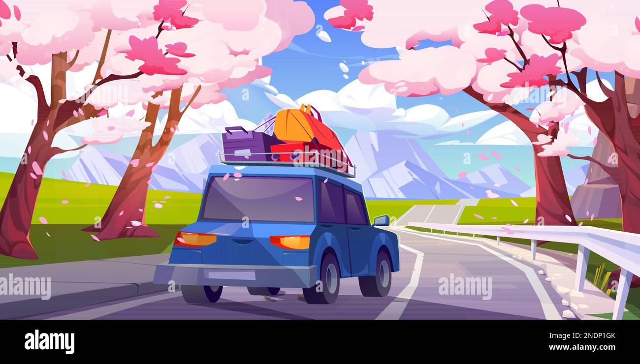 Spring sakura blossom and mountain view vector landscape illustration ...