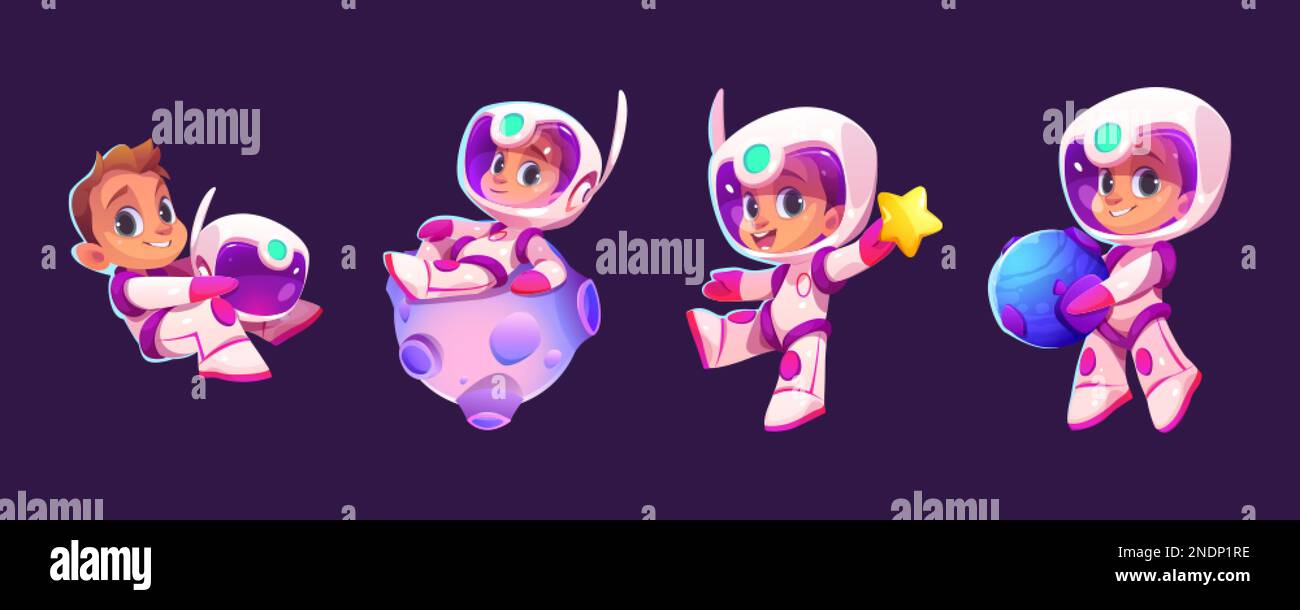 Cartoon vector illustration set of kid astronaut in space. Isolated ...