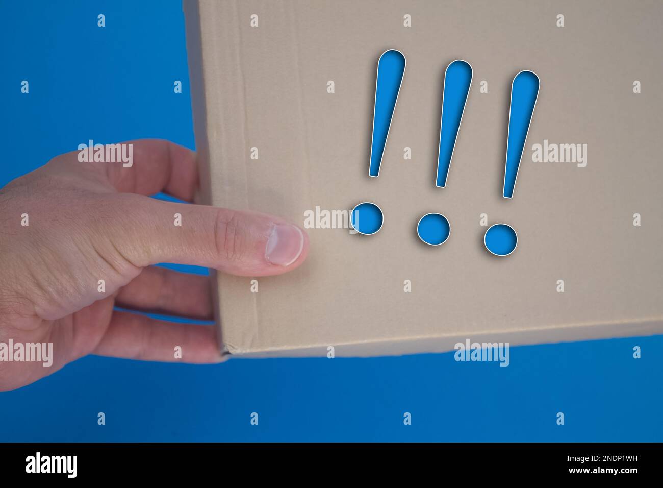 Exclamation mark word with cardboard box. Brown folded card box Stock ...