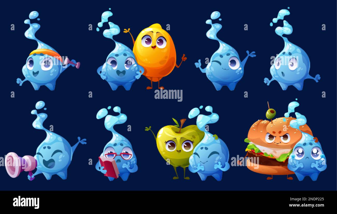 Cute water drop mascot. Funny rain aqua drop character smile, sad ...