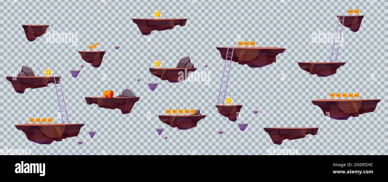 Flying rock islands vector game landscape isolated elements. Cartoon ...