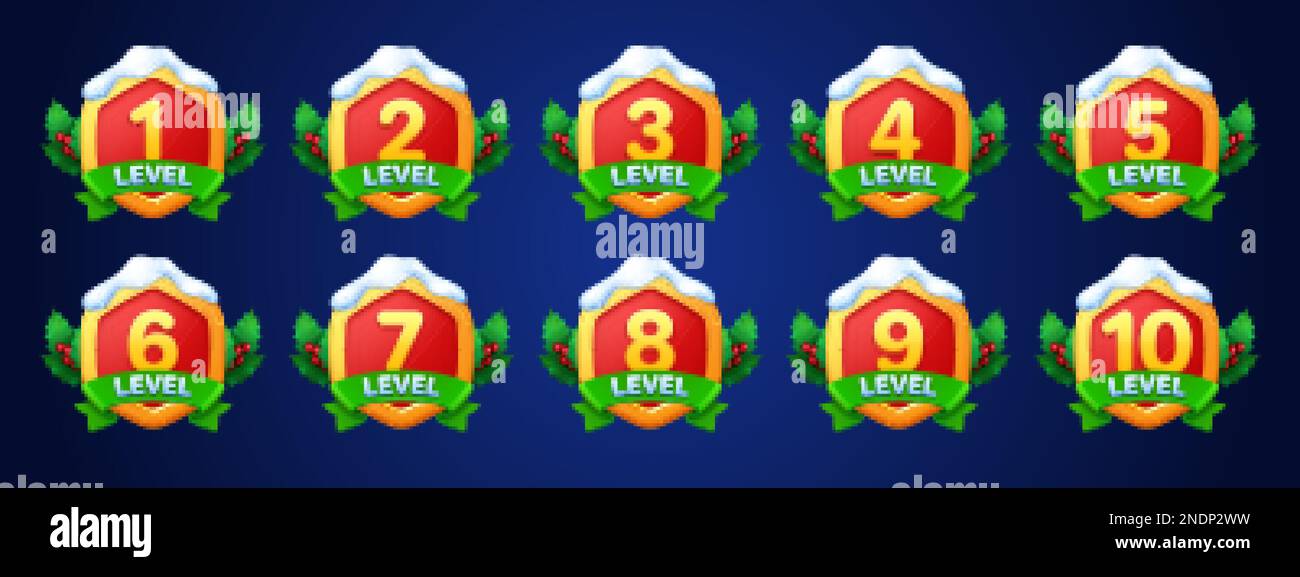 Game winter holiday badges with level number. Achievement rank emblems ...