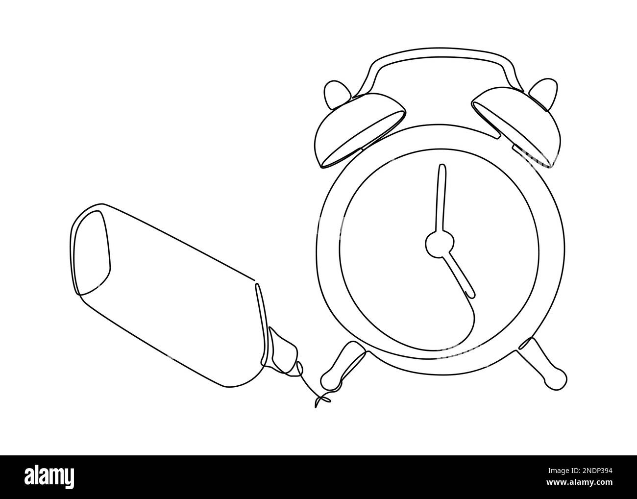One continuous line of Alarm Clock drawn with a pencil, felt tip pen ...