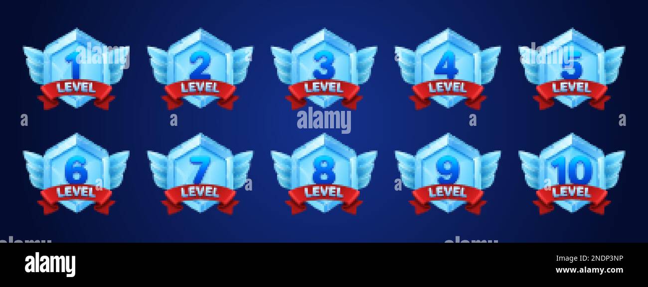 Game ice badges with level number. Achievement rank emblems, frozen ...