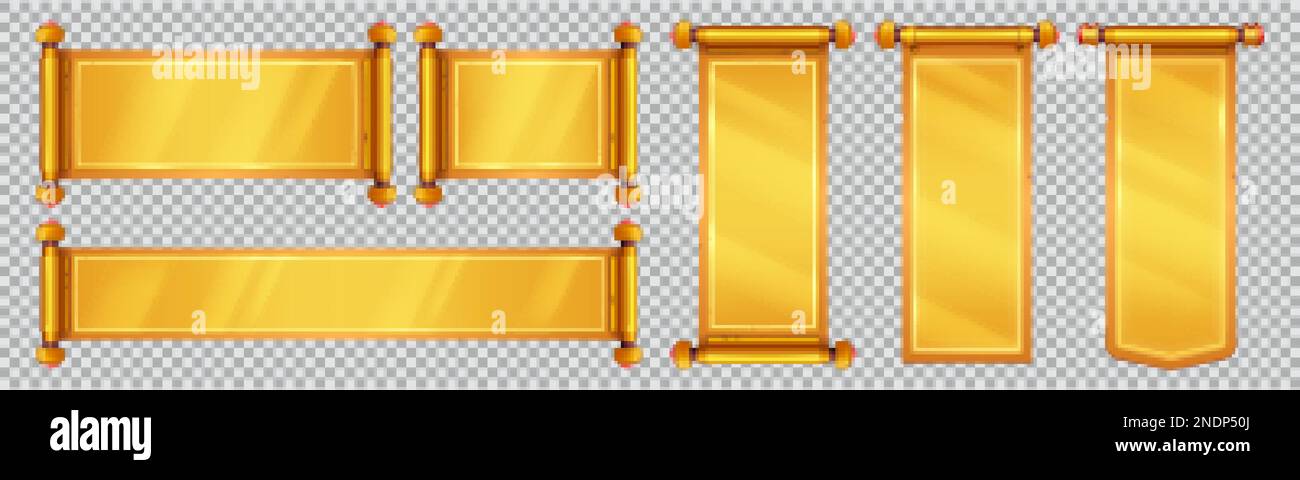 Gold scroll paper set, banner vector illustration isolated on transparent background. Royal ...