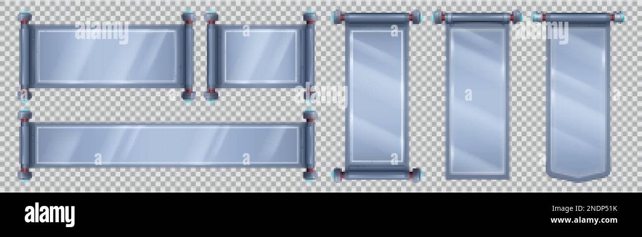 Silver scroll paper set, banner vector illustration isolated on transparent background. Royal ...