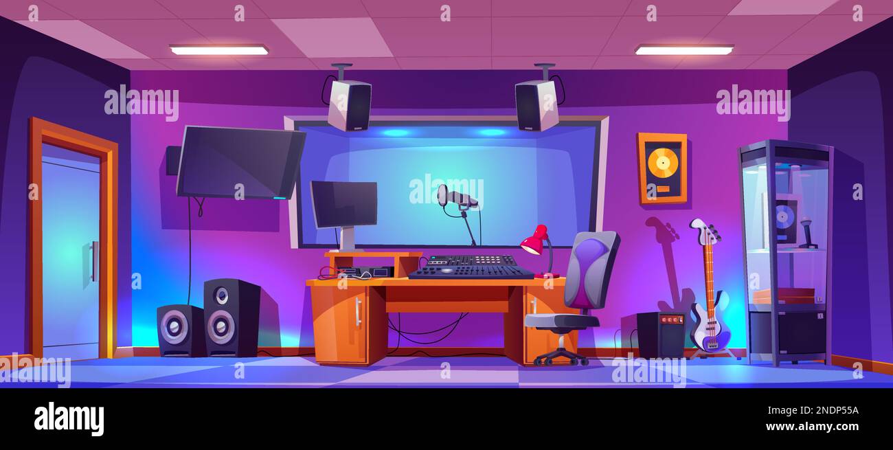 Music record studio interior with professional equipment for game scene ...