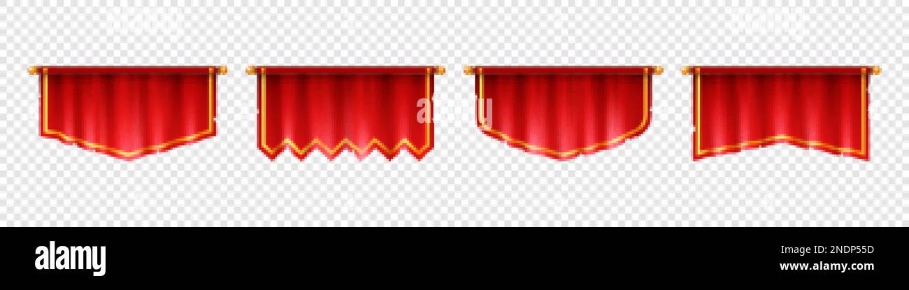 Medieval red flags, hanging royal banners with gold border. Blank cloth ...