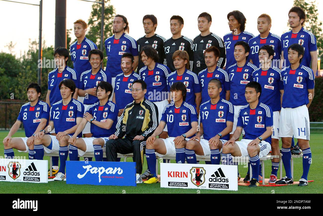 Japan national soccer team members pose for group photo before their ...