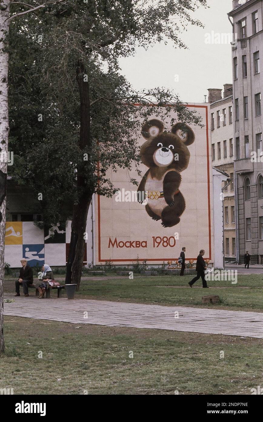 A large poster featuring Misha the Bear Cub, the mascot of the 1980 ...