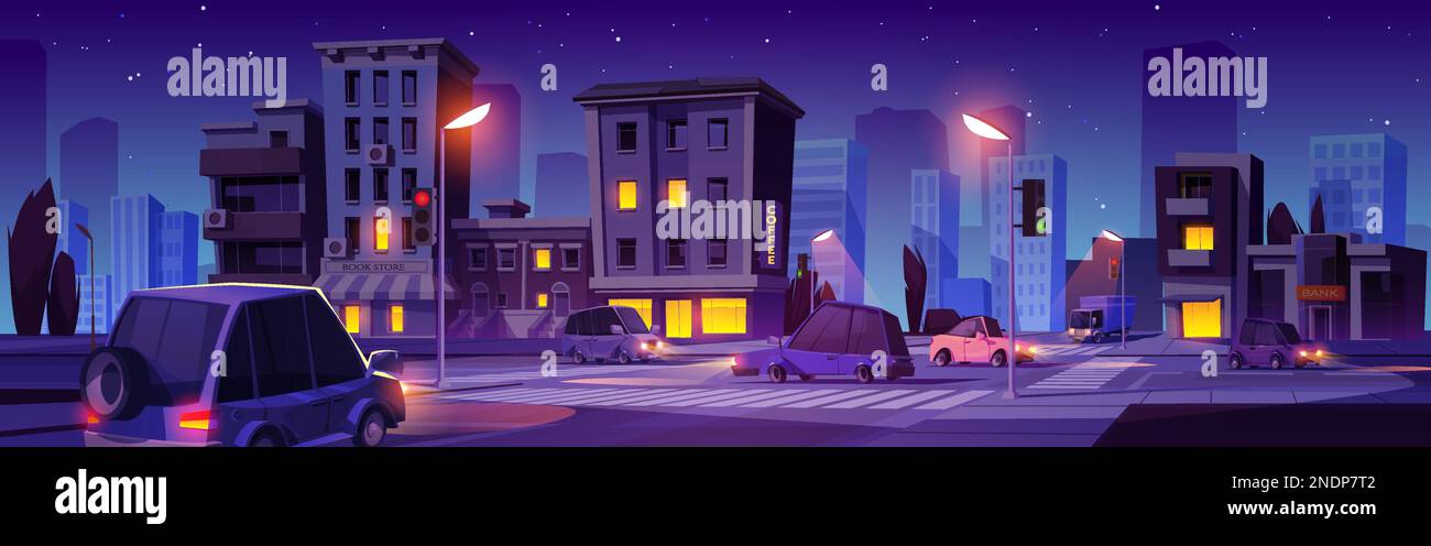 Night city street crossroad scene with car traffic. Evening in town ...