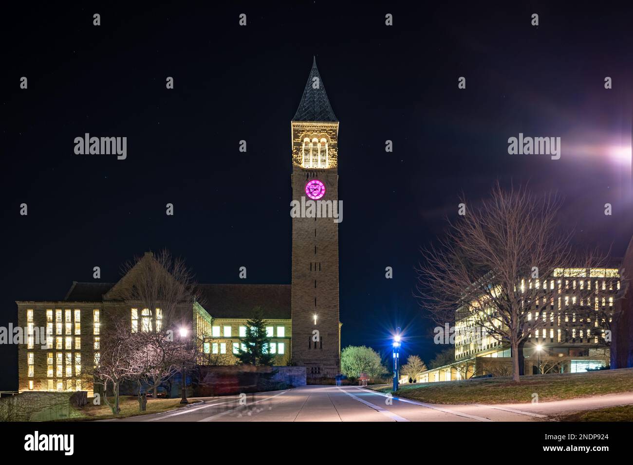 Ithaca, New York, US - February 14, 2023: Night photo of McGraw clock ...