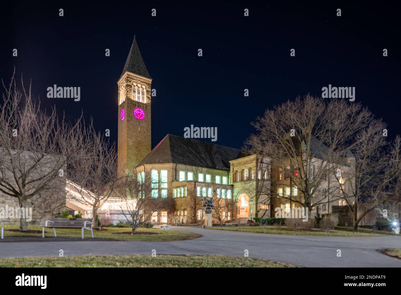 Ithaca, New York, US - February 14, 2023: Night photo of McGraw clock ...