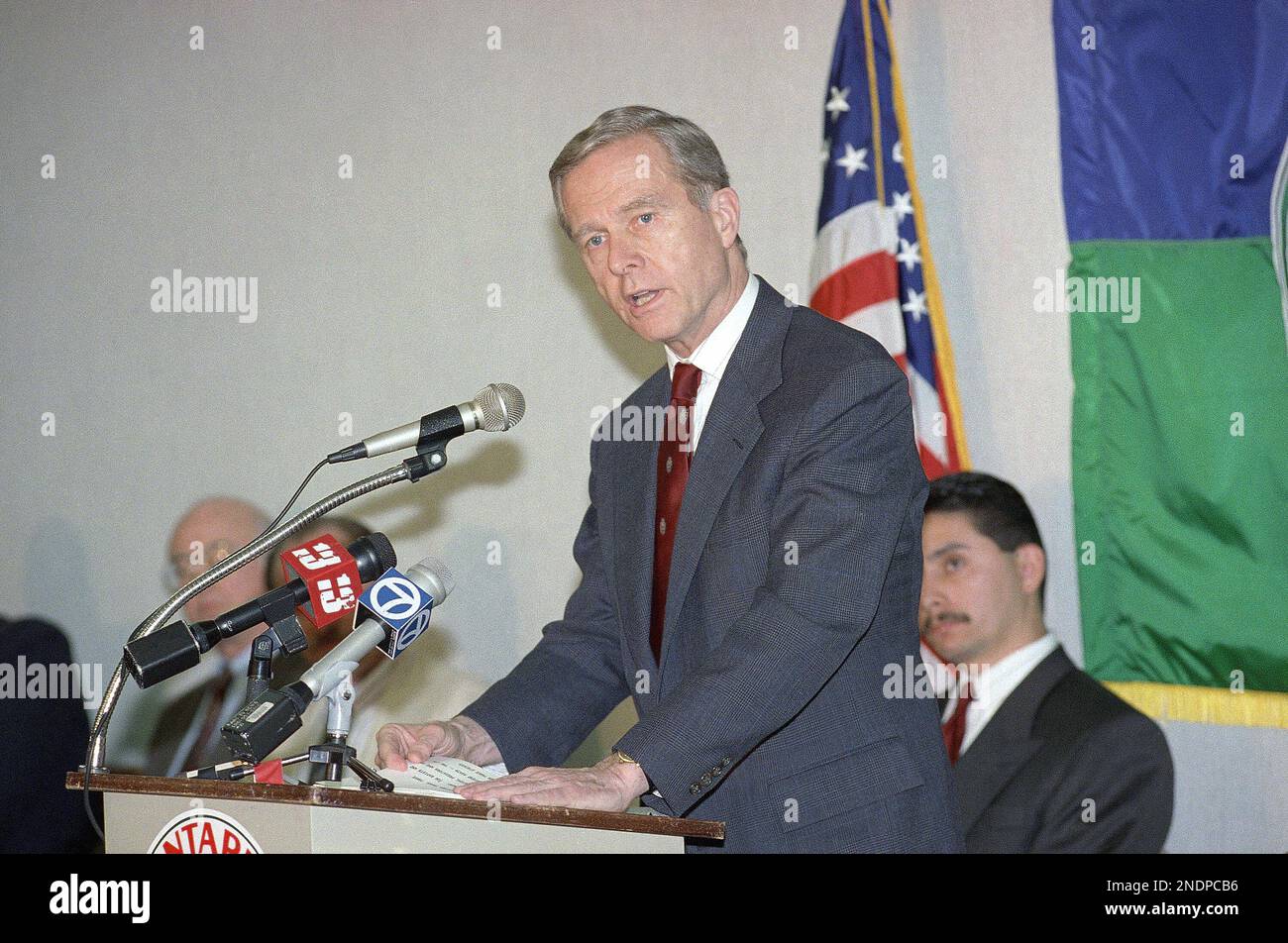 California Gov. Pete Wilson speaks to police officers in Ontario ...