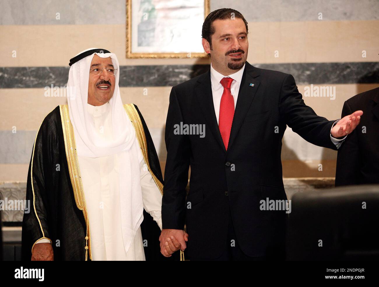 Lebanese Prime Minister Saad Hariri, right, welcomes Kuwait's Emir ...