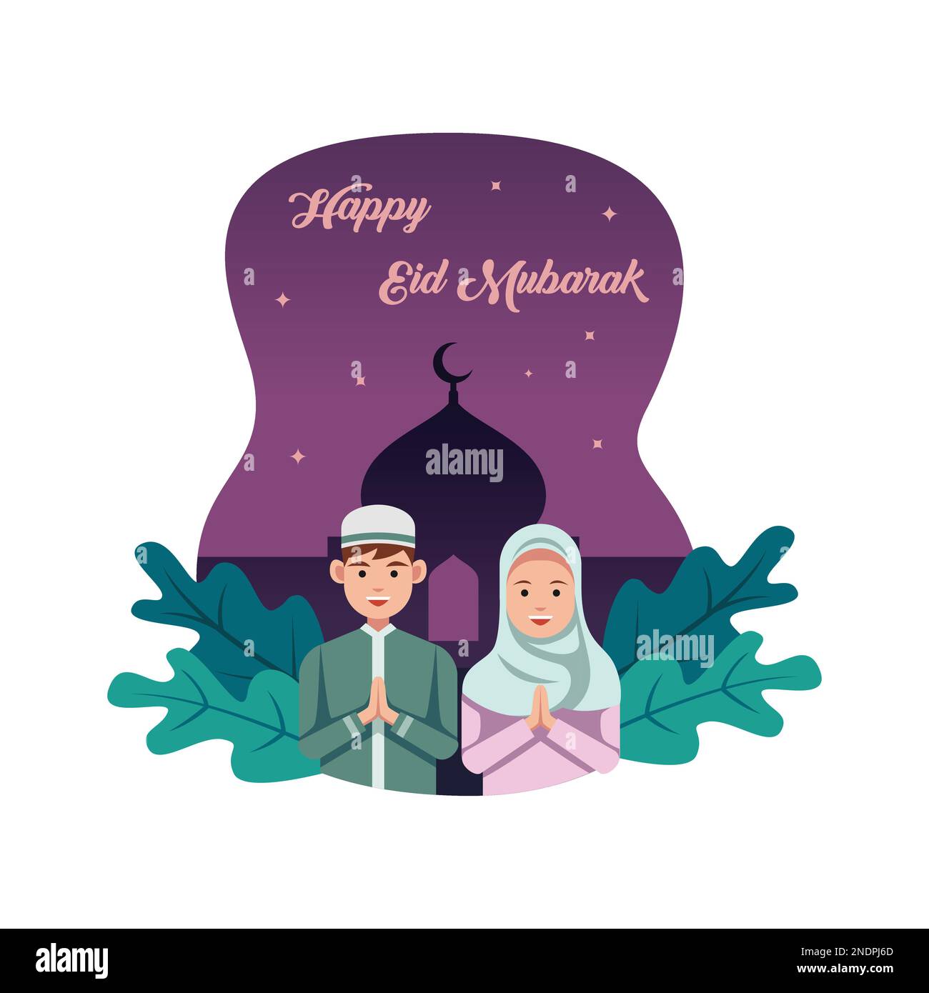 Illustration Flat Design of Islam Couple, Happy Eid Mubarak - Islamic ...
