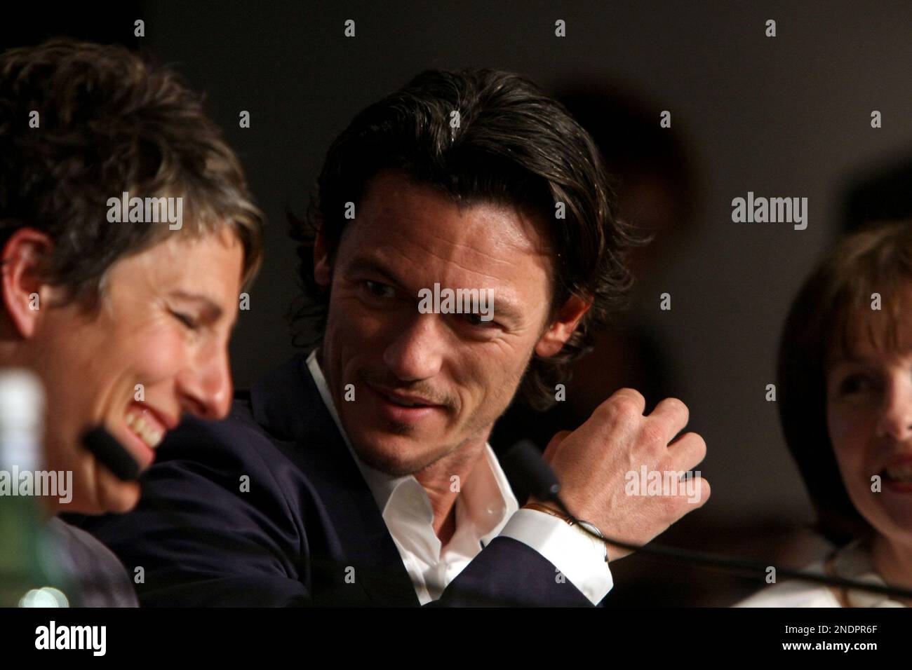 Actor Luke Evans, right, and actress Tamsin Greig attend the press ...