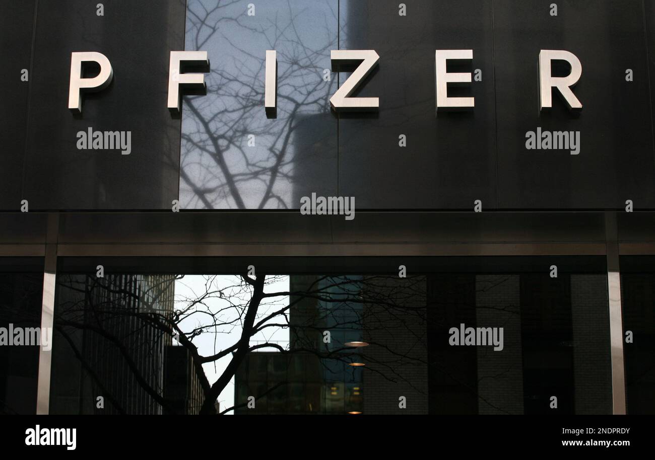 FILE - In this Jan. 25, 2009 file photo, a sign at Pfizer world ...