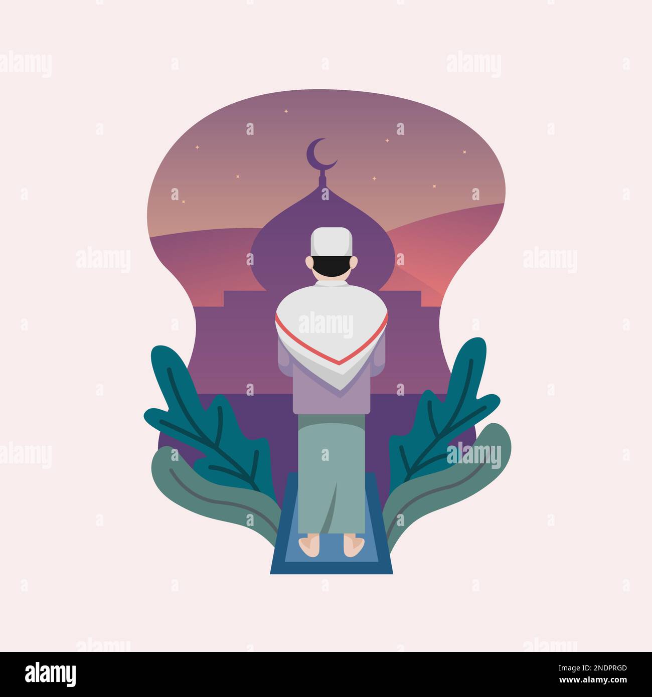 Illustration of Man sholat Flat Design Isolated with Mosque Background ...