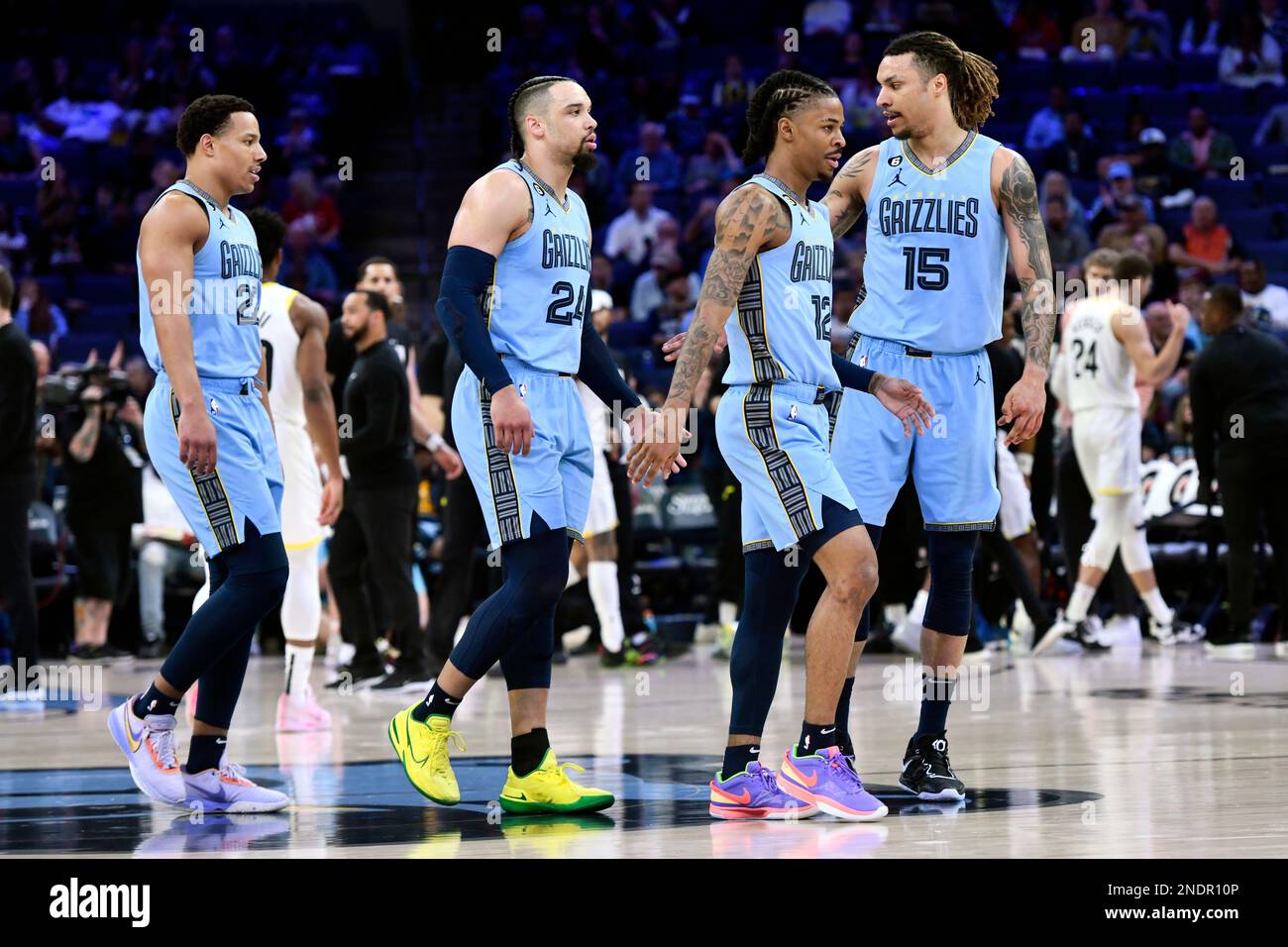 Memphis Grizzlies players Desmond Bane (22), Dillon Brooks (24), Ja ...