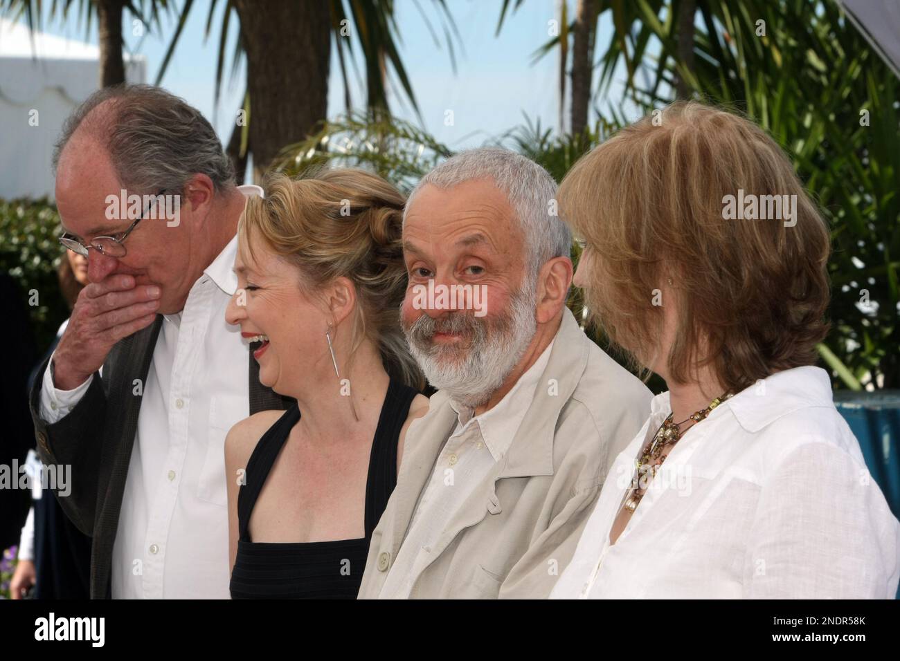 From left, Jim Broadbent, actress Lesley Manville, director Mike Leigh ...