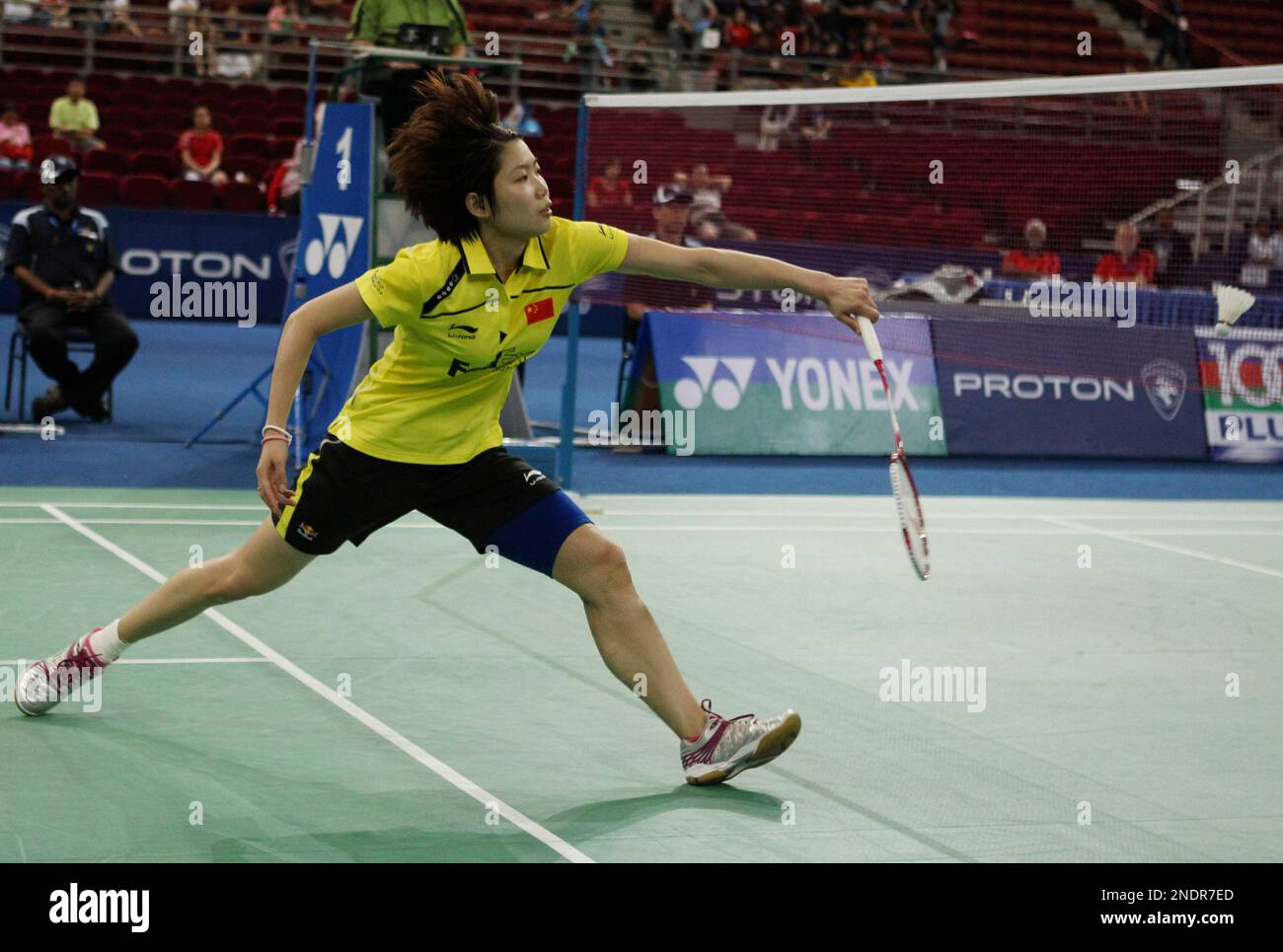 China's Wang Xin makes a backhand return to South Korea's Sung Ji-hyun ...