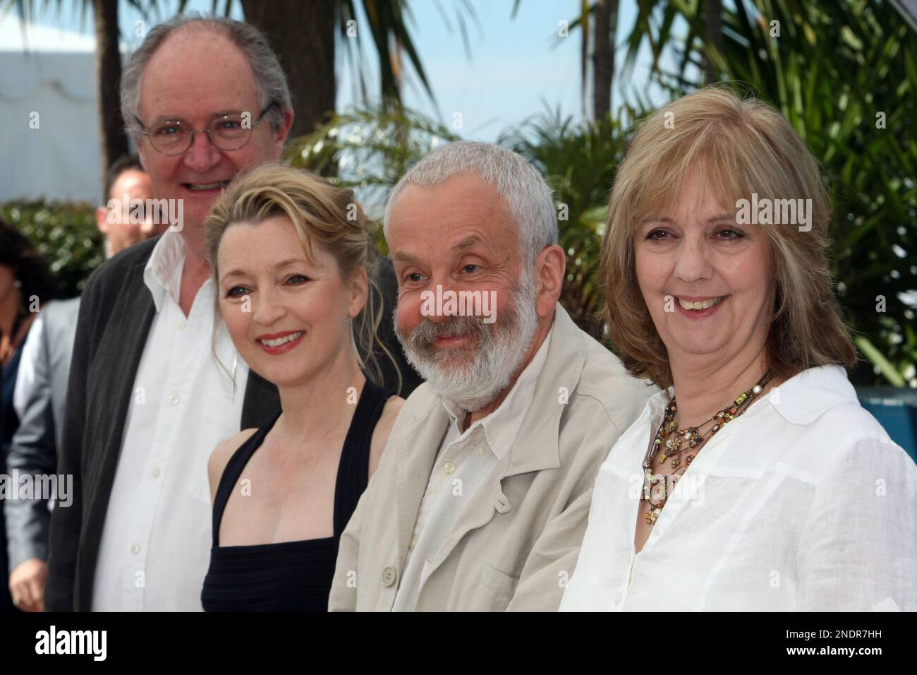 From left, Jim Broadbent, actress Lesley Manville, director Mike Leigh ...
