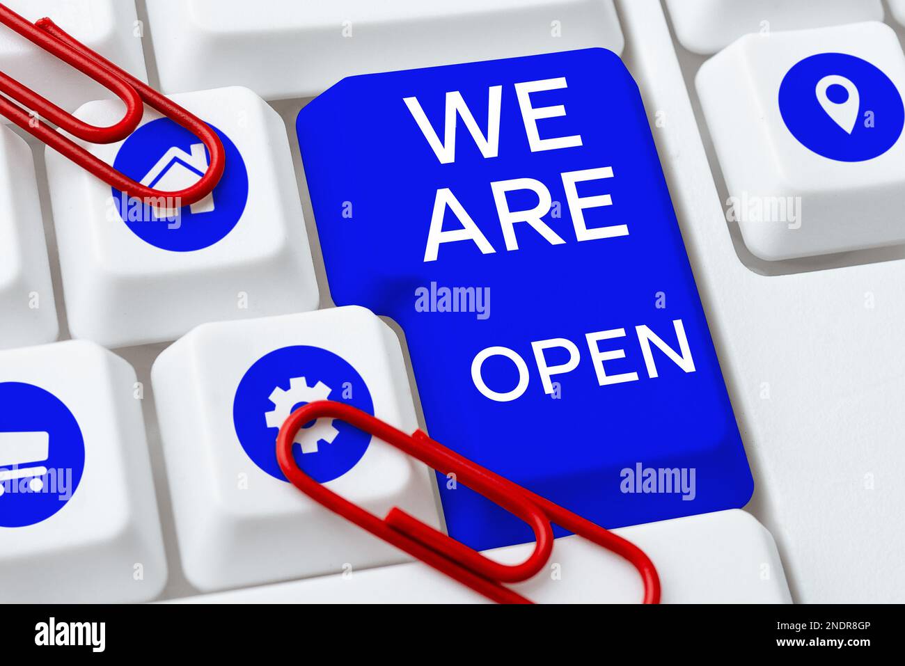 Inspiration showing sign We Are Open. Business overview no enclosing or ...