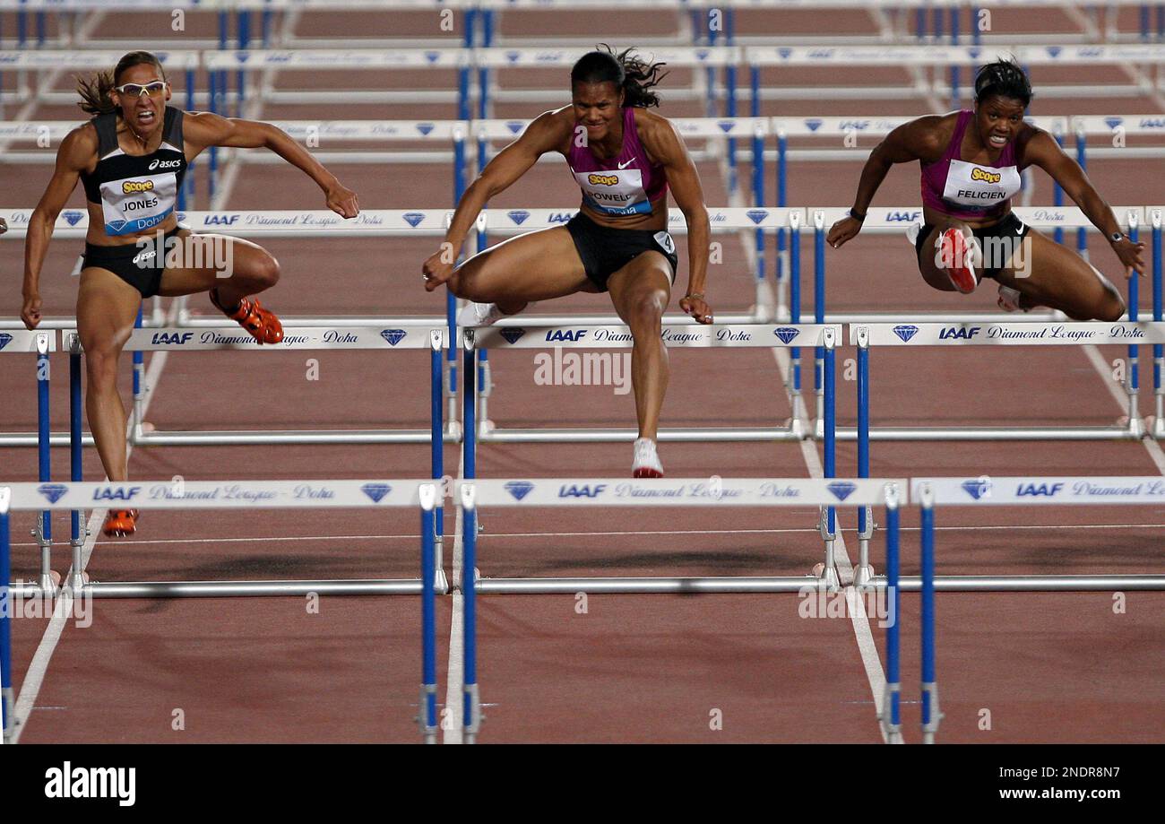 From left to right, Lolo Jones of United States, left, Virginia Powell ...