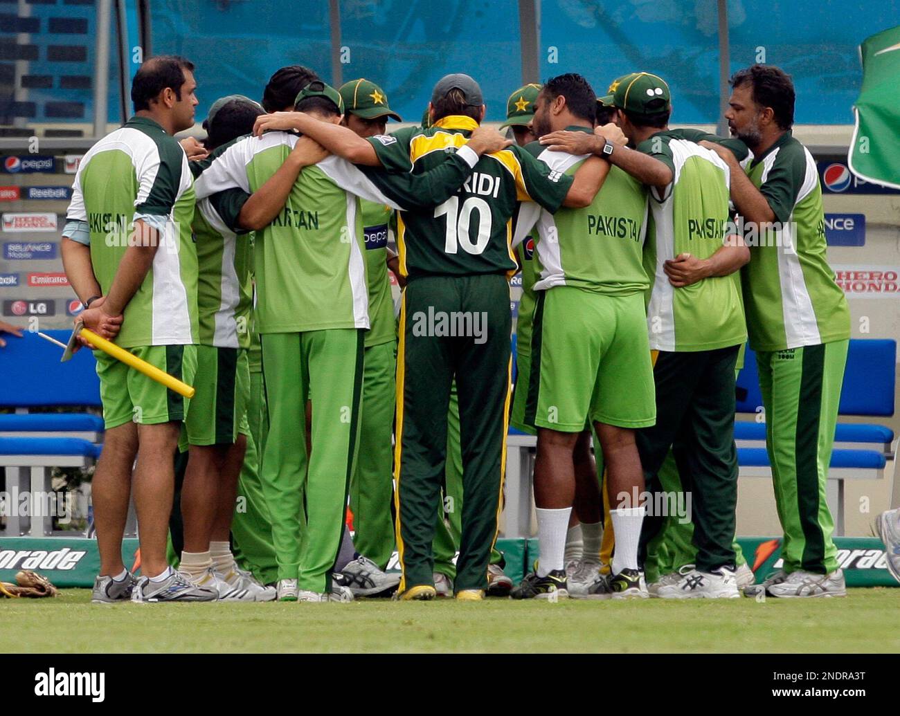 Pakistan's players huddle before the start of a Twenty20 Cricket World ...