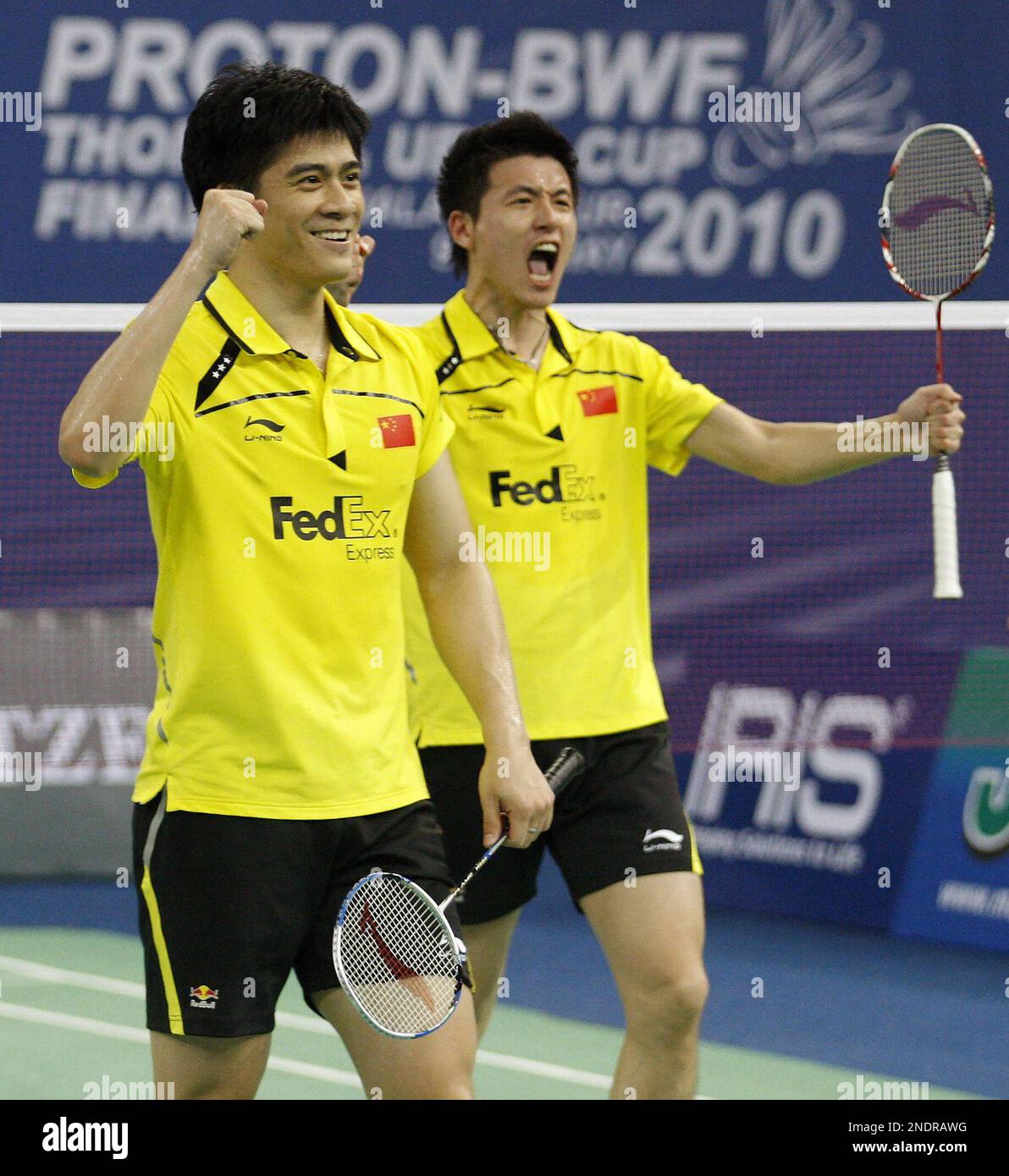 China's Fu Haifeng, left, and Cai Yun celebrate after defeating ...