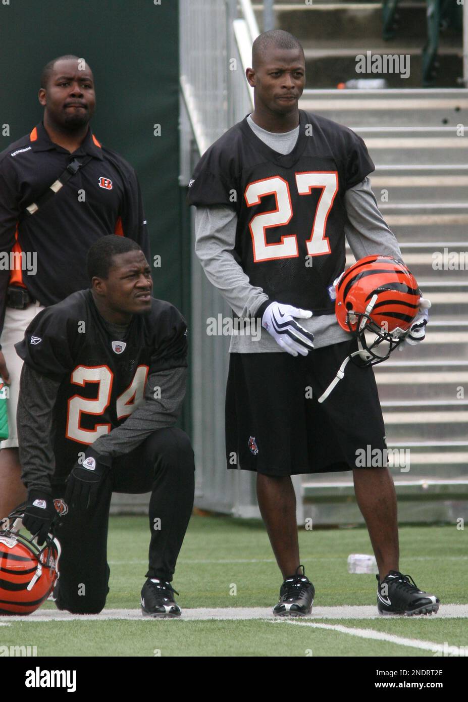 Cornerback Adam "Pacman" Jones, left, and Gibril Wilson, wait to run a ...