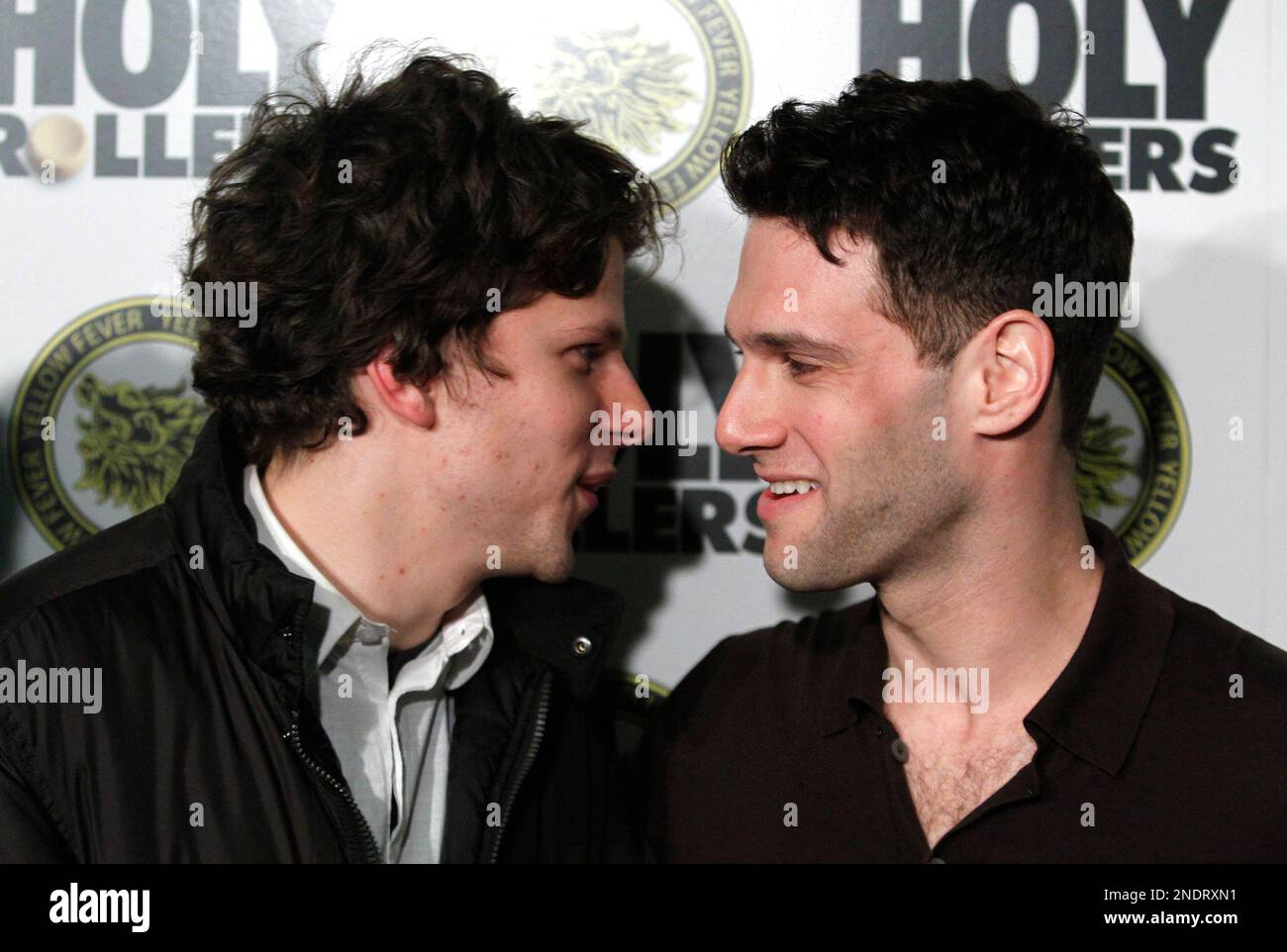 Jesse Eisenberg and Justin Bartha arrives to the premiere of "Holy Rollers" in New York on ...