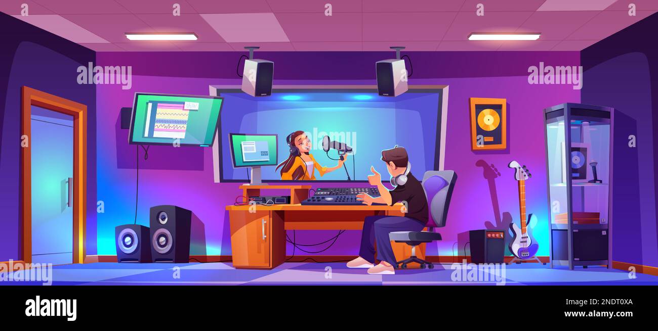 Beautiful female singer and male producer at music record studio ...