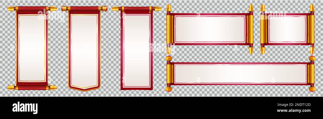 Chinese paper scroll vector banner set. Red and gold Japanese dialogue ...