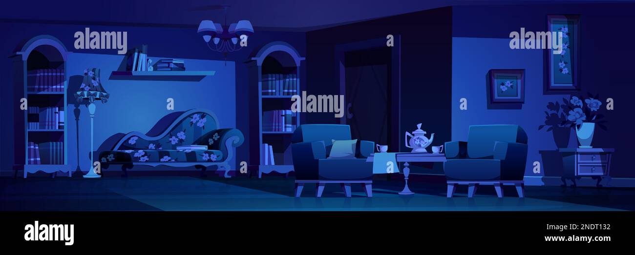 Night retro living room interior design. Vector cartoon illustration of ...