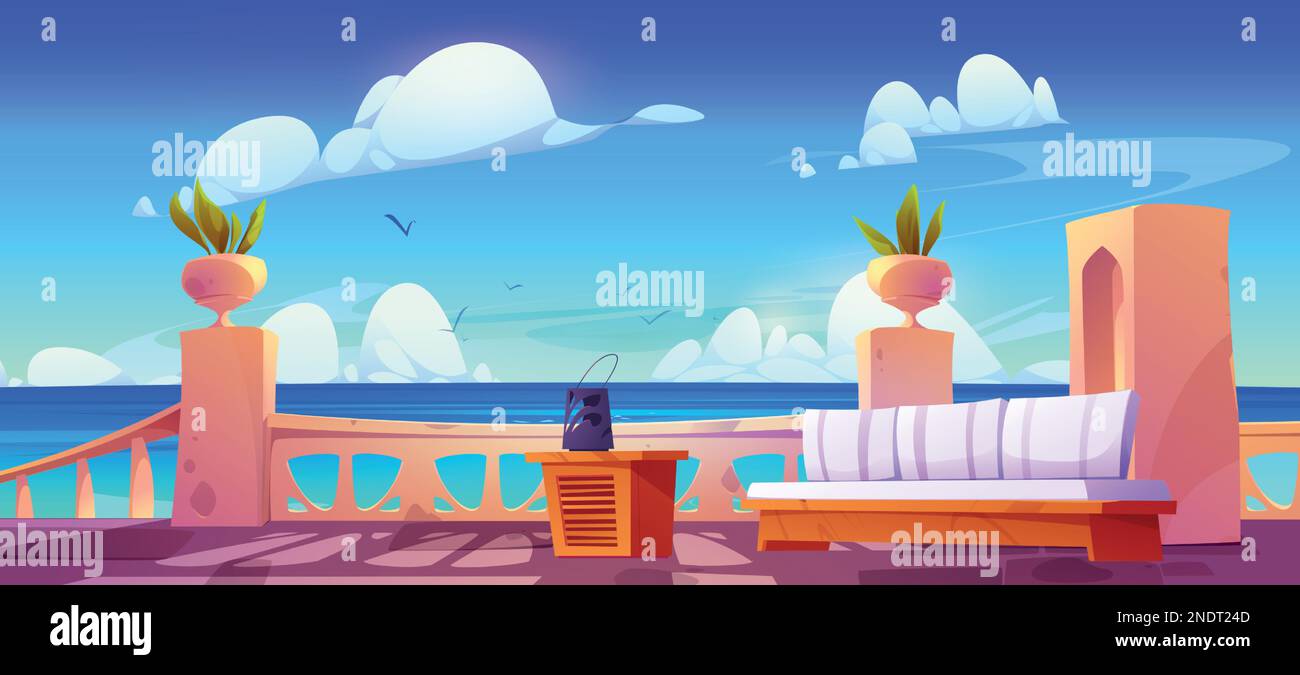 Hotel balcony or terrace with view on mediterranean sea. Summer ...