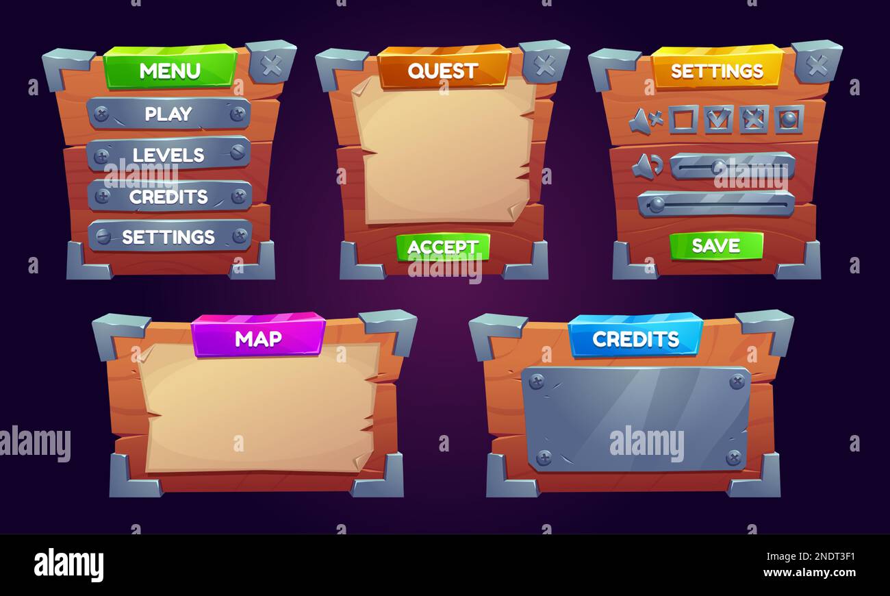 Cartoon set of wood and paper game ui boards. Vector illustration of ...