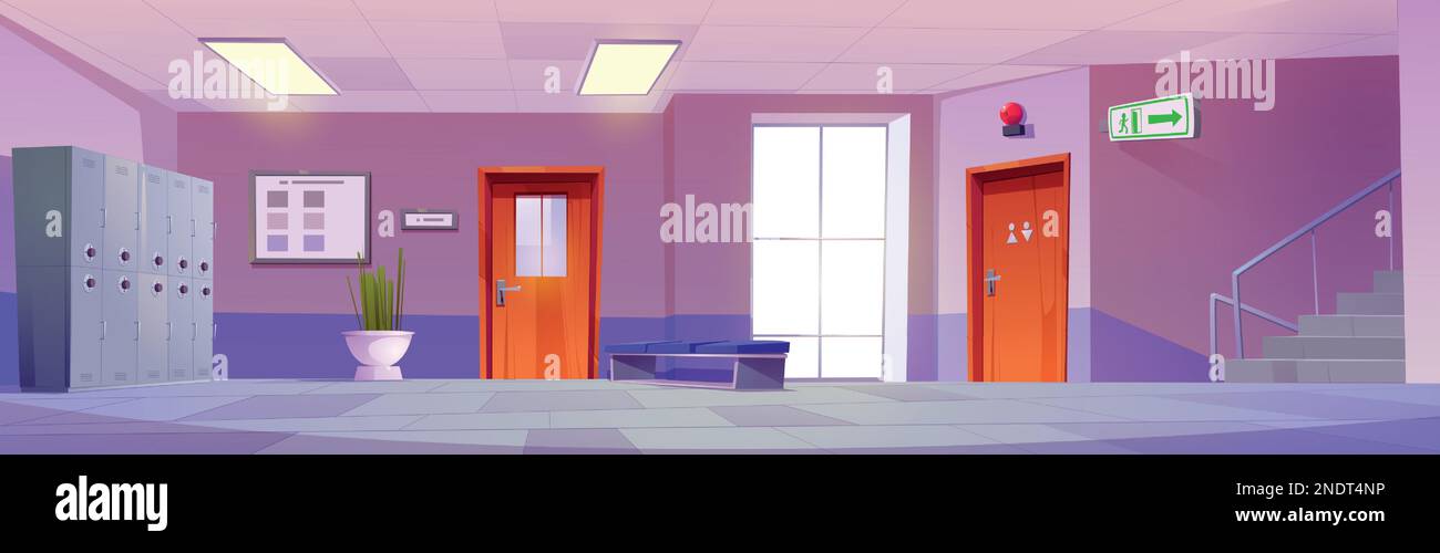 Empty school hall with locker, stairs and exit signboard cartoon ...