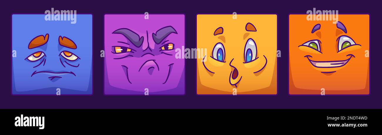 Set of square monster face for player avatar in game. Cartoon emotion ...