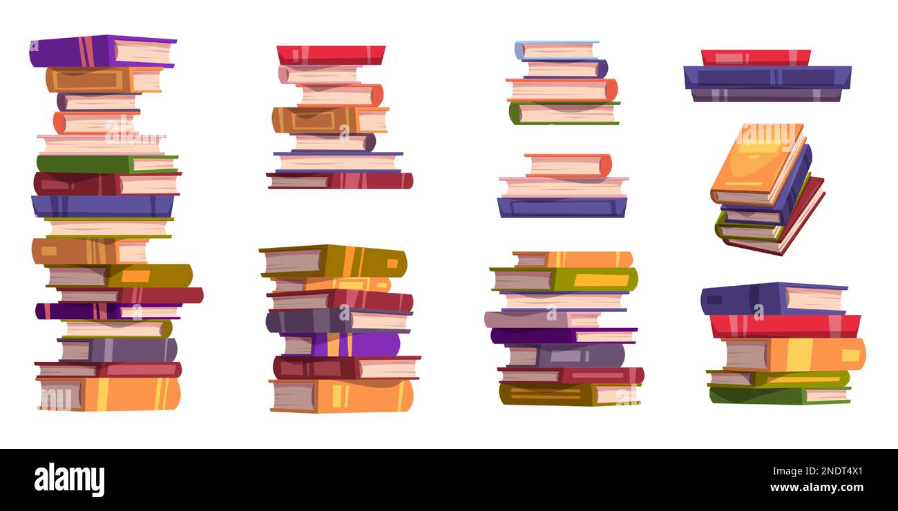 Vector set of isolated book stack cartoon illustration. Tall pile of ...