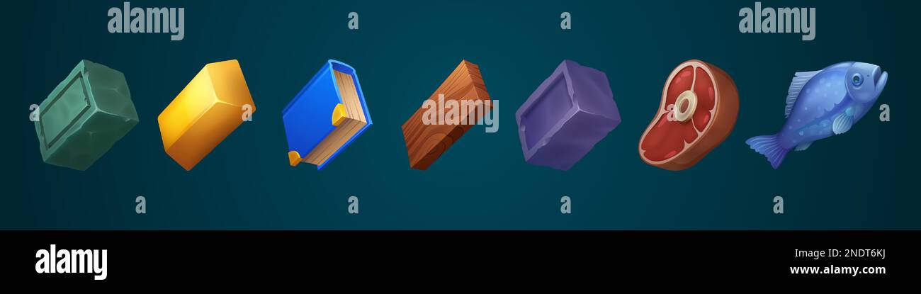 Game icons of food, stone, wood, gold and book. Resources and loot with ...