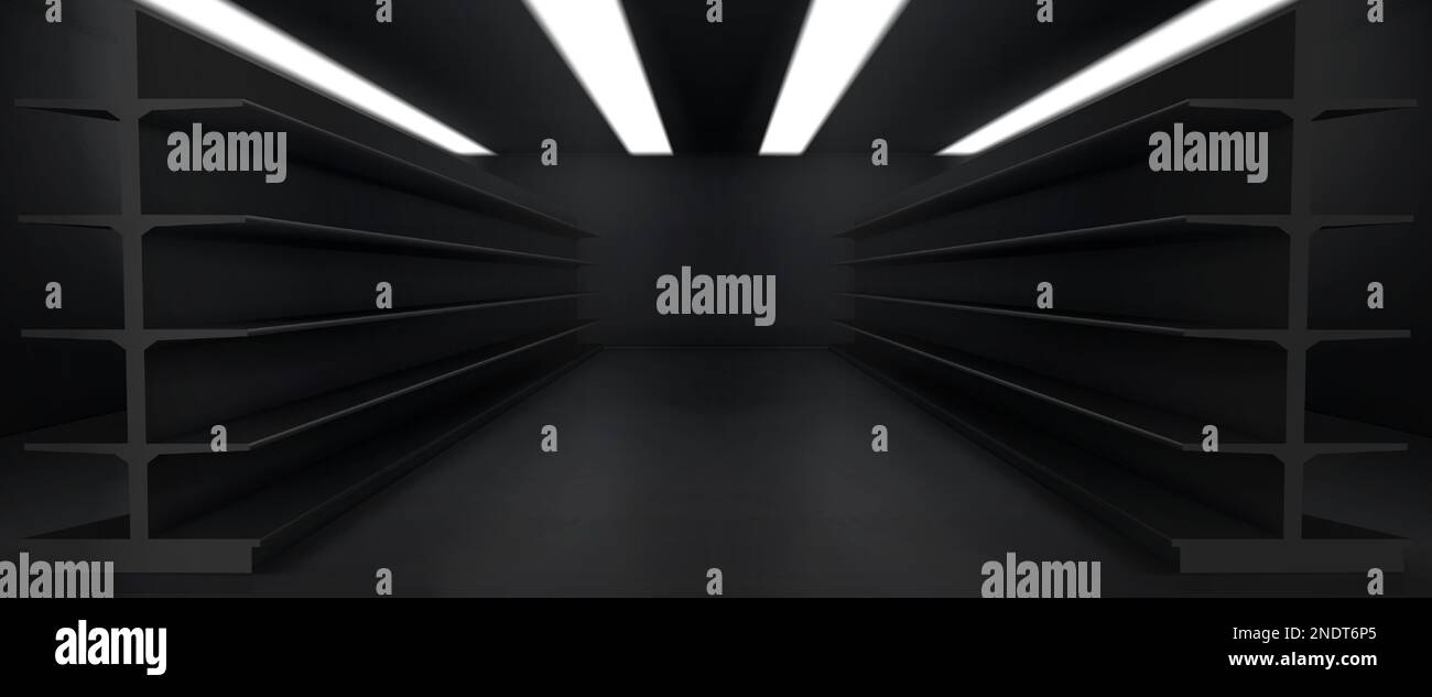 Realistic dark supermarket interior at night with empty shelves. Vector ...